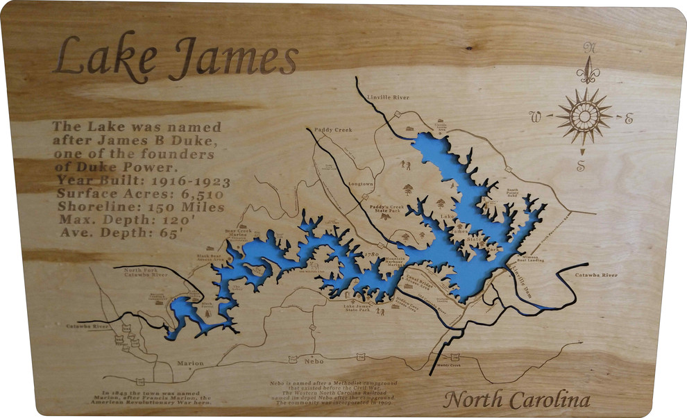 Lake James, North Carolina-Wood Lake Map, Medium - Contemporary - Wall ...