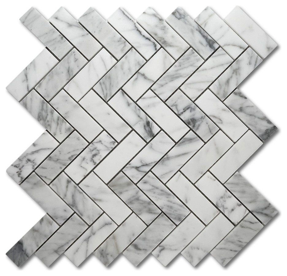 Statuary White Marble 1x3 Herringbone Mosaic Tile Polished, 1 sheet ...