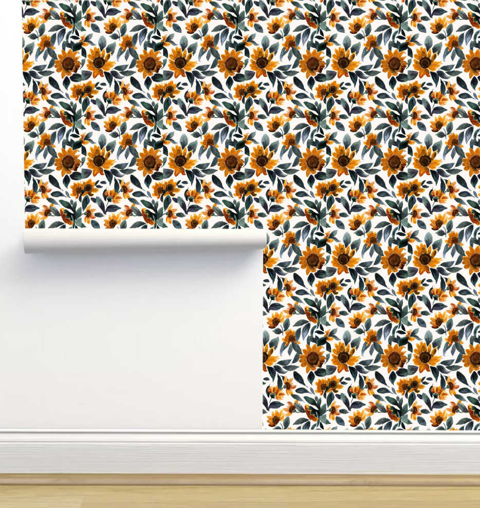 Sunset Sunflowers Teal Flowers Wallpaper, Sample 12"x8" - Farmhouse ...