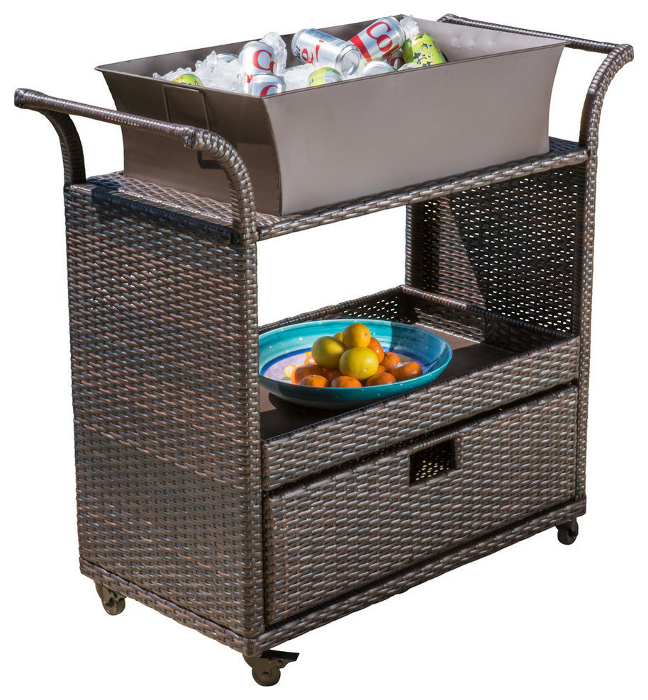 GDF Studio Maja Multibrown Wicker Bar Cart - Tropical - Outdoor Serving ...