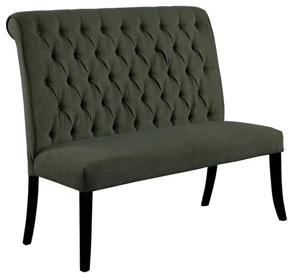 Transitional Gray Tufted Dining Bench with Scrolled Back and Black Legs ...