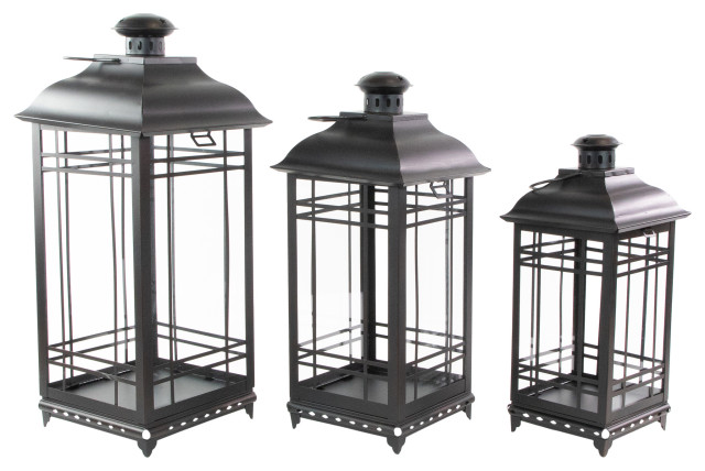 Set of 3 Distressed Black Mission Style Candle Lanterns 19.5" - Modern ...