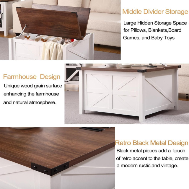 Farmhouse Coffee Table, Hinged Lift Up Top & Hidden Storage Compartment ...
