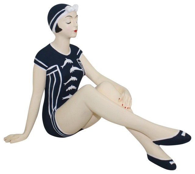 Retro Bathing Beauty Figurine Statue 1920s Swimsuit Woman Dolphins