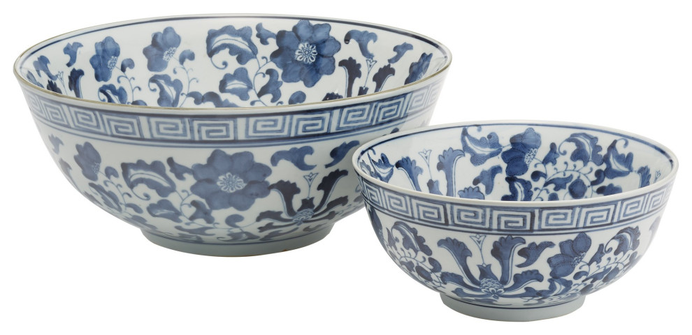 Tozai Home Blue and White Set of 2 Lotus Flower Lianzu Decorative Bowls ...