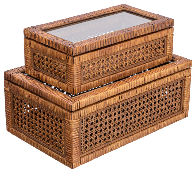 Olive Grove Woven Rattan Display Boxes, Glass Top - Tropical ...