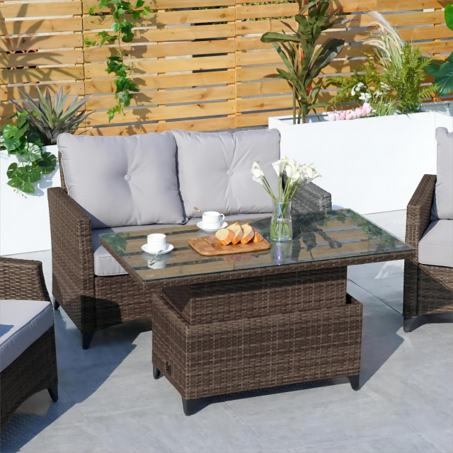 4-Piece Patio Sofa Set With Aluminum Rattan Lift Table - Tropical ...
