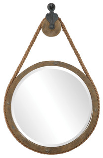 Rustic Round Rope Pulley Pendant Wall Mirror | Industrial Nautical ...