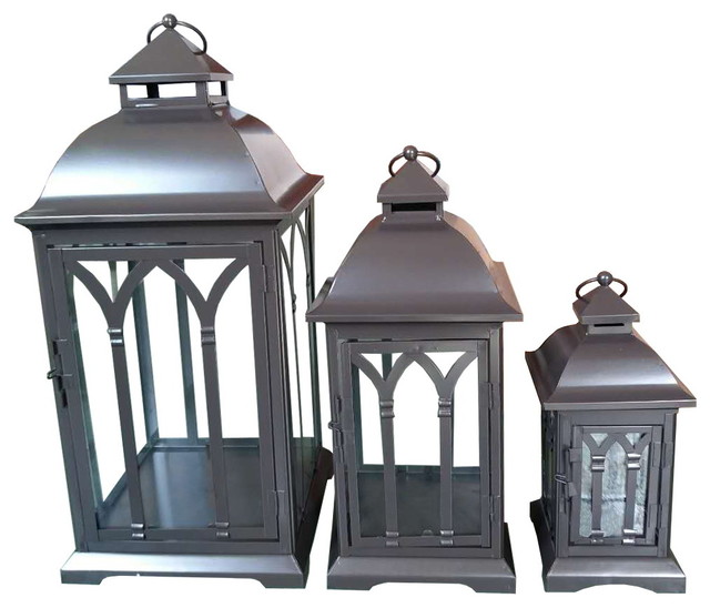 Set of 3 Indoor/Outdoor Metal & Temepered Glass Lanterns- Bronze ...
