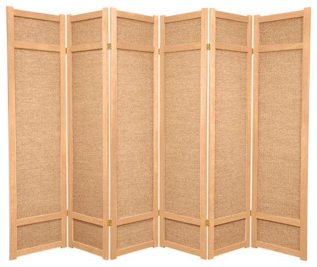 Traditional Room Divider, 6 Hinged Panel With Natural Woven Jute Shades ...
