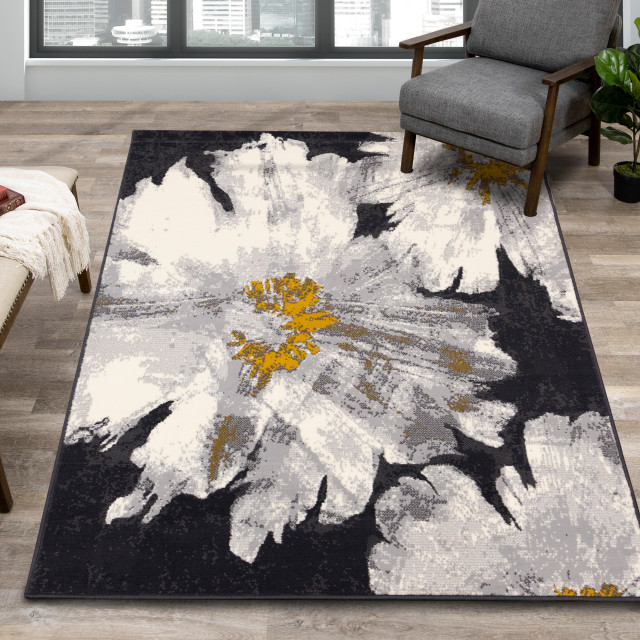 Florence Collection Grey Yellow Floral Rug, 4'7"x6'7" - Contemporary ...