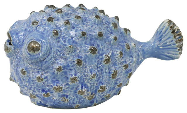 Blue Ceramic Puffer Fish 10" - Beach Style - Decorative Objects And ...