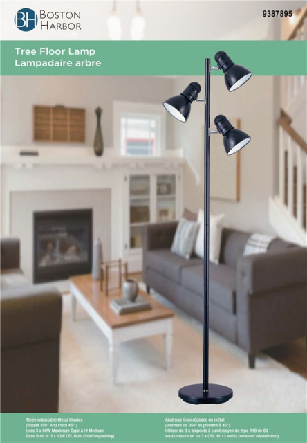 Boston Harbor TL-TREE-134-BK-3L Adjustable 3-Light Tree Floor Lamp ...