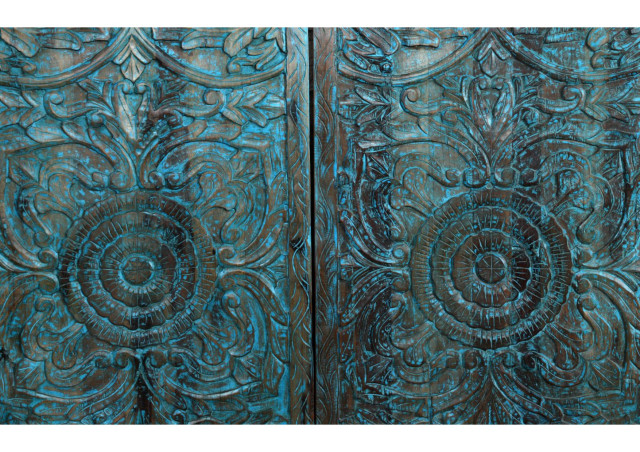 Consigned Blue Accents Lotus Carved Sliding Barn Door Vintage Double ...