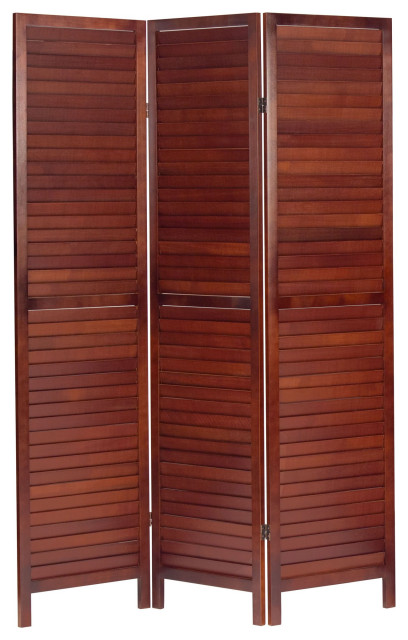 Contemporary Room Divider, Walnut Pine Wood Frame With Louvered Screen ...