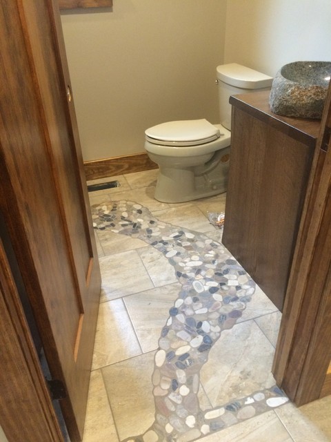 River rock mosaic tile inlay bath floor leads to shower - Eclectic ...