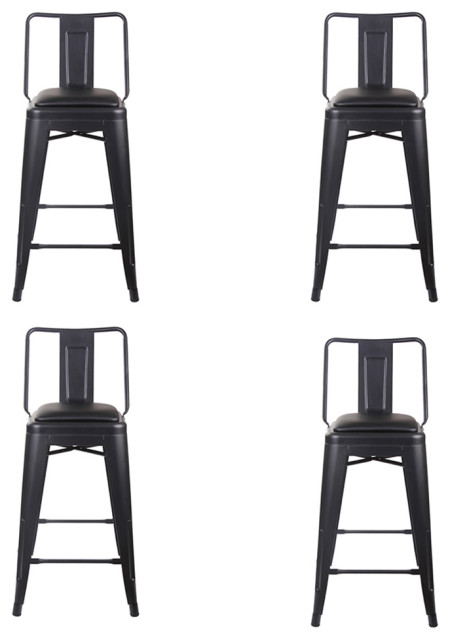 Metal Black Bar Stools With Middle Back Vegan Leather Seat, Set of 4 ...