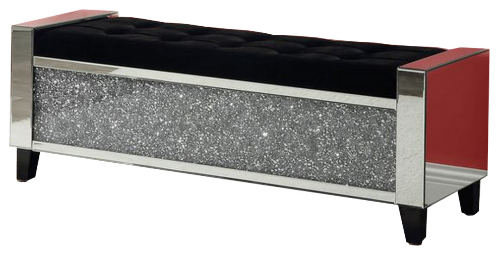 Benzara BM251182 Mirrored Bench With Tufted Fabric Seat/Faux Diamonds ...