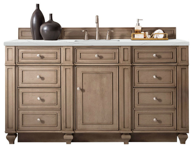 Bristol 60" Single Vanity, Whitewashed Walnut, Ethereal Noctis Quartz ...