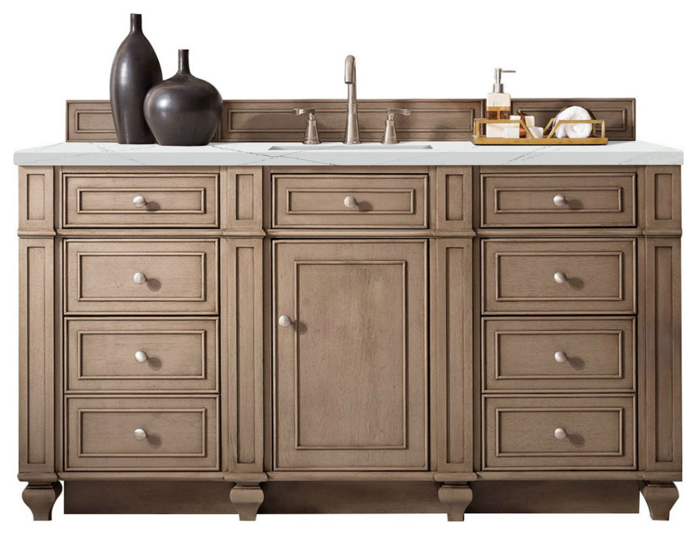 Bristol 60" Single Vanity, Whitewashed Walnut, Ethereal Noctis Quartz ...