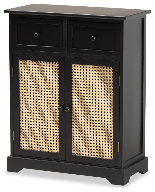Dacey Modern Espresso Brown Finished Wood and Rattan 2-Drawer Storage ...