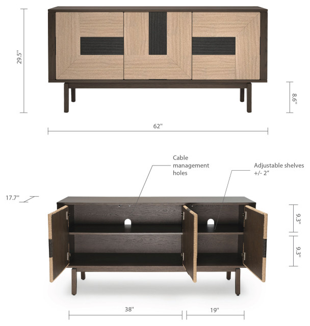 Roma Wide Sideboard, Dark Oak and Natural Woven Cord - Beach Style - Buffets And Sideboards - by ...