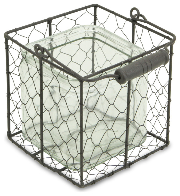 Square Wire Basket With Glass Jar, Brown, Large, Large - Industrial ...