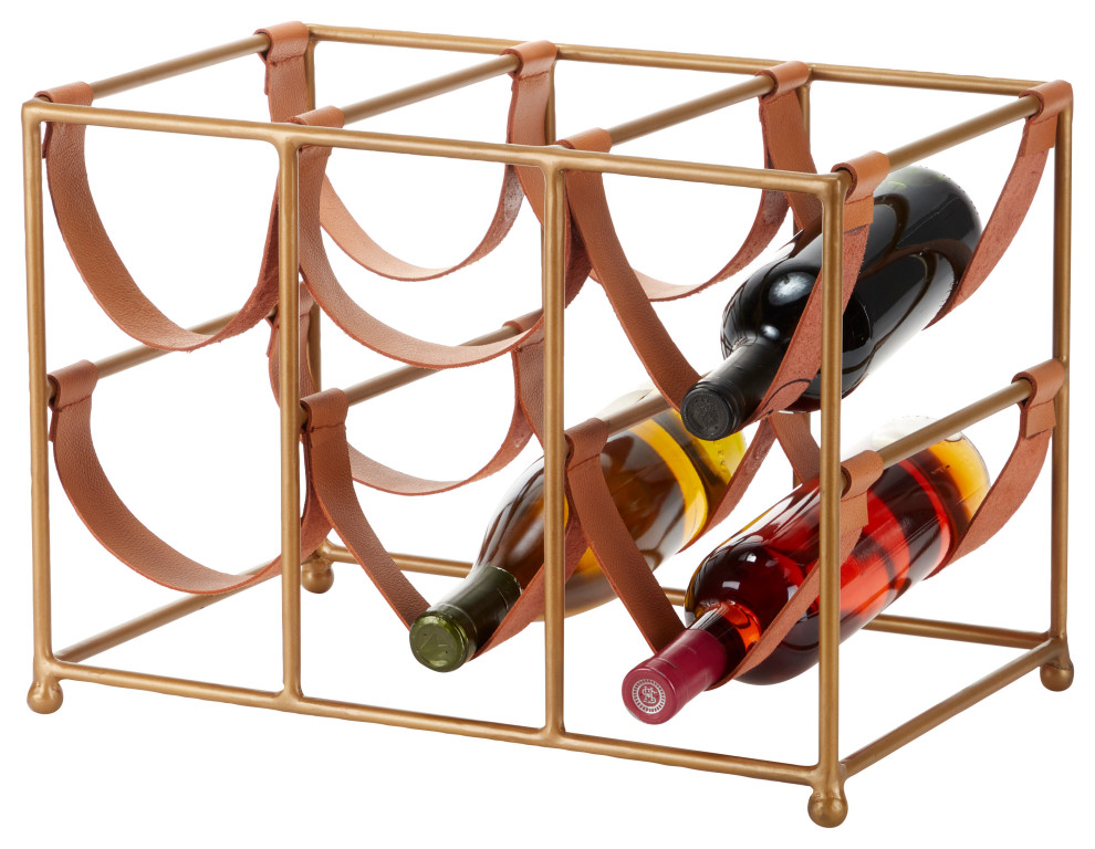 Rectangular Gold Metal And Tan Leather Wine Holder, 17.5"x12 ...