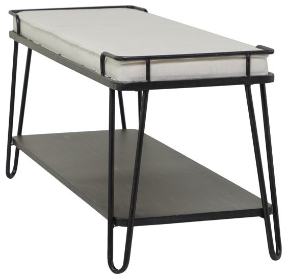 Industrial Black Metal Bench with White Upholstered Seat and Open Shelf ...