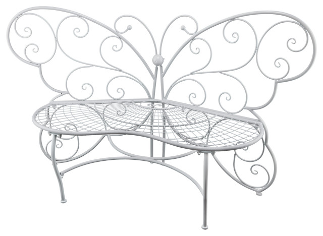 62"L Indoor/Outdoor 2 Person Metal Butterfly Shaped Garden Bench, White ...