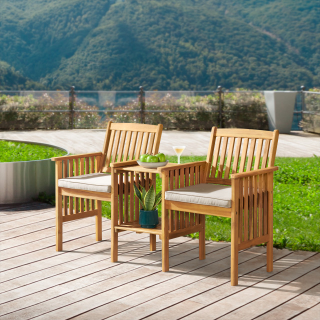 Bristol Acacia Wood Outdoor Double Seat Bench With Attached Table ...