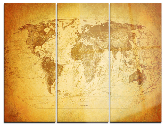 "Vintage Classic Map" Glossy Metal Wall Art, 3 Panels, 36"x28", 36"x28 ...