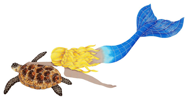 Mermaid with Turtle Ceramic Swimming Pool Mosaic, 30"x60" - Beach Style ...
