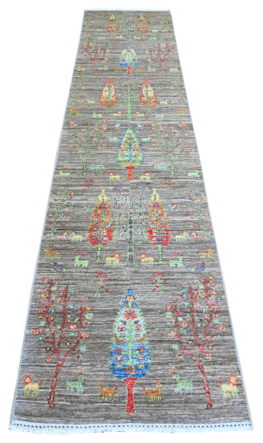 Echo Gray Wool Hand Knotted Folk Art Willow Cypress Tree Design Rug 2'5 ...