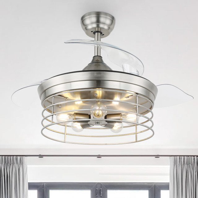 42" Black Industrial Retractable Ceiling Fan with Remote and Light Kit ...