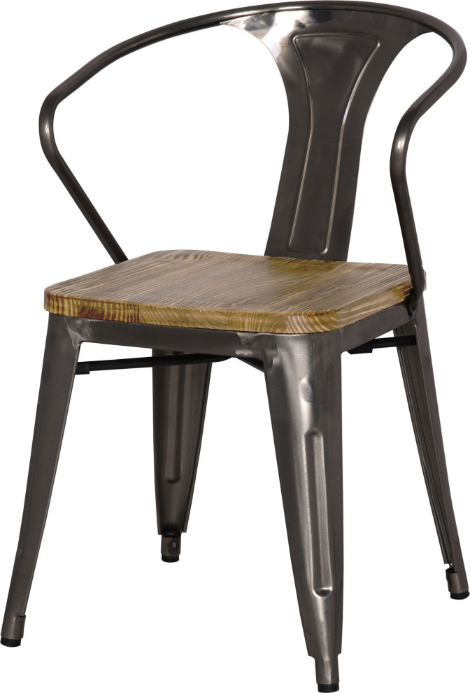 Metropolis Metal Dining Side Arm Chair Wood Seat, Set of 4 - Industrial ...