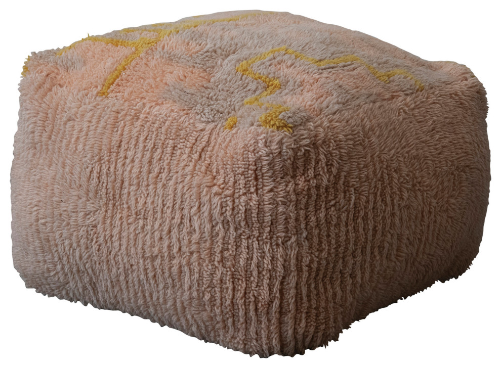 Woven New Zealand Wool Shag Pouf With Design, Multicolor - Contemporary ...