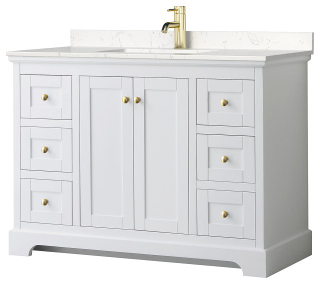 Avery 48" Single Vanity, White, Carrara Cultured Marble Top, Gold Trim ...