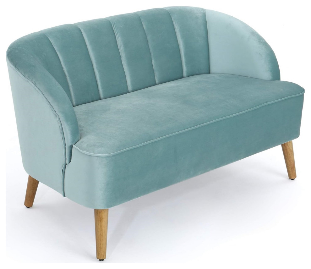 Seafoam Blue Velvet Sofa, Seashell Design, Walnut Legs, Modern Loveseat ...