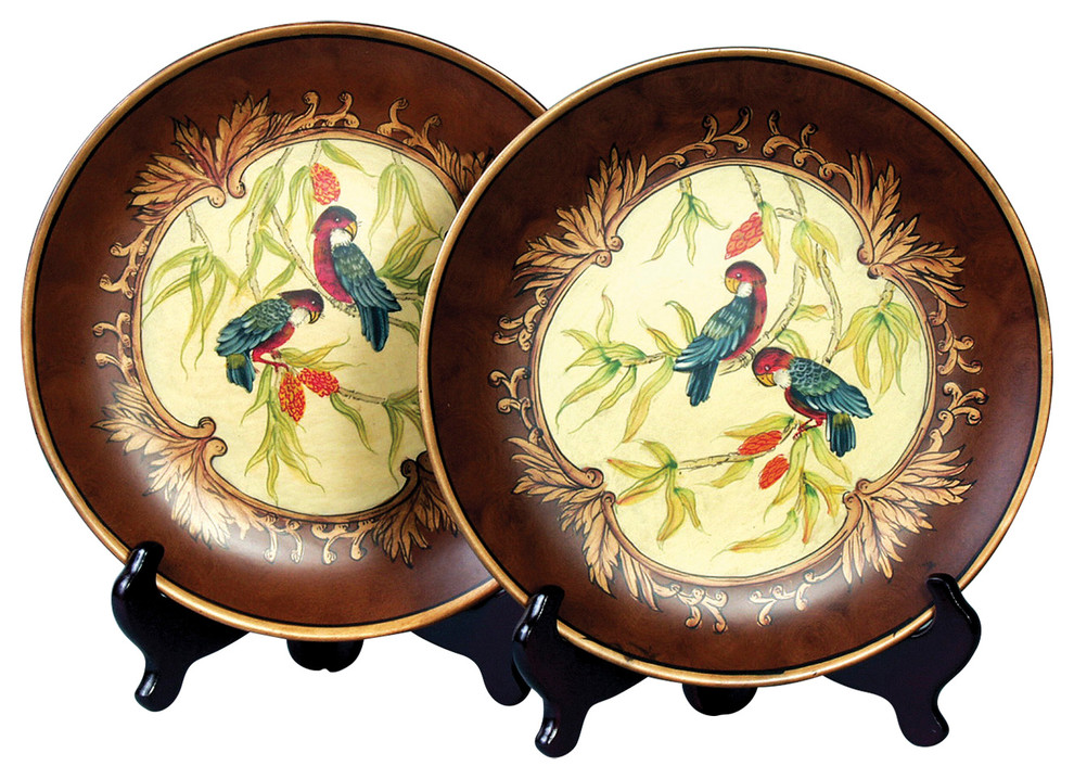 Parrot Plates and Plate Stands, Set of 2 - Traditional - Decorative ...