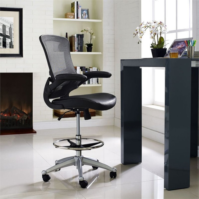 Modway Attainment Modern Vinyl Drafting Chair in Black Finish ...
