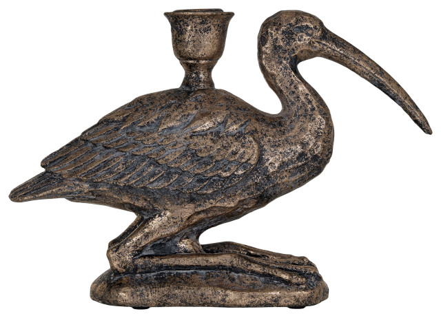 Decorartive Resin Bird Taper Holder, Distressed Gold - Beach Style ...