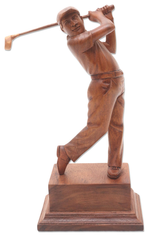 Novica Wood Sculpture Golfer - Contemporary - Decorative Objects And ...
