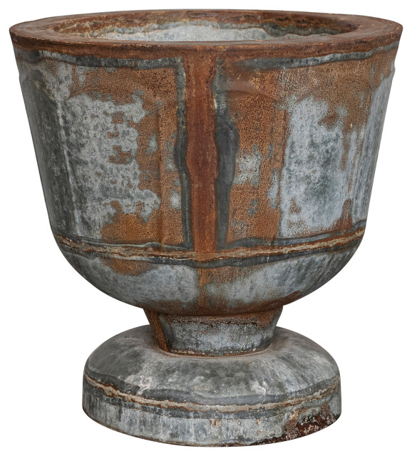 16" Round Metal Footed Planter, Holds 10" Pot, Distressed Zinc Finish ...