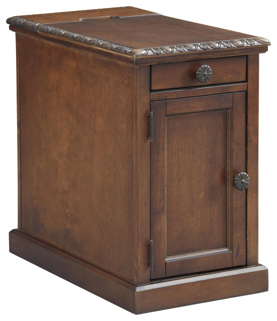 1 Door Chair Side End Table with Pull Out Tray and Power Strip, Brown ...