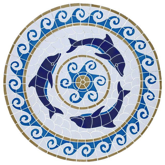 Dolphin Medallion Ceramic Swimming Pool Mosaic 36"x36", 36"x36" - Beach ...