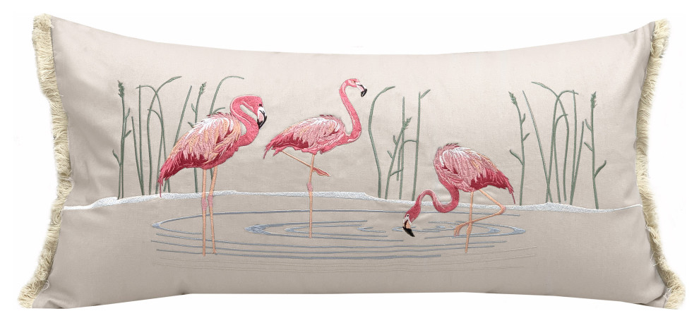 Flamboyance Flamingos Embroidered Cotton Pillow - Tropical - Decorative ...