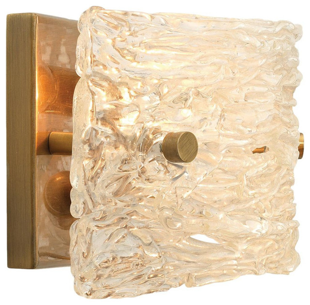 Elegant Clear Ripple Glass Rectangle Wall Sconce 12 in Curved Brass ...