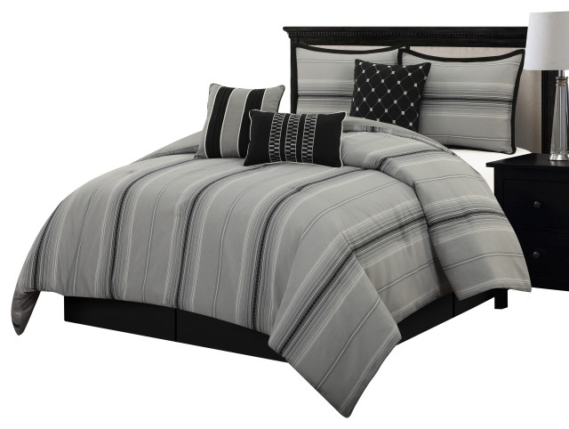 Eli Striped 7 Piece Comforter Set, Grey, King - Transitional ...