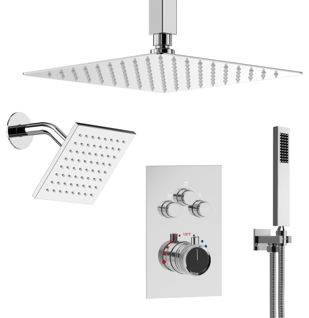 Dual Heads 12" Rain High Pressure Shower System w/ 3 Way Thermostatic ...
